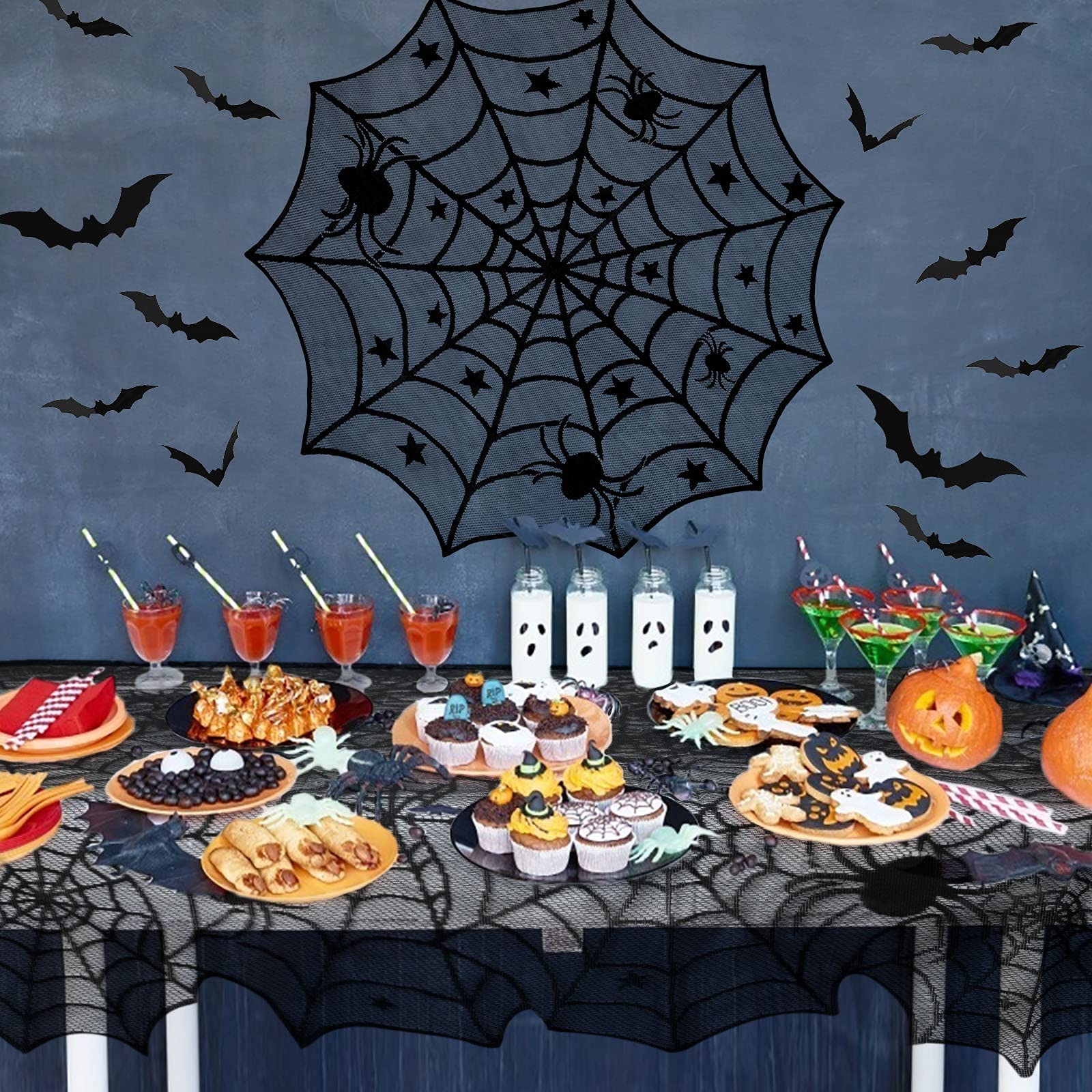 Korlon Halloween Tablecloth, 2 Pcs Halloween Decorations Indoor Spider Web Table Cloth, 54βx 72β Rectangular & 42β Round Black Lace Tablecloth Cover for Halloween Home Party Kitchen Table Decor
