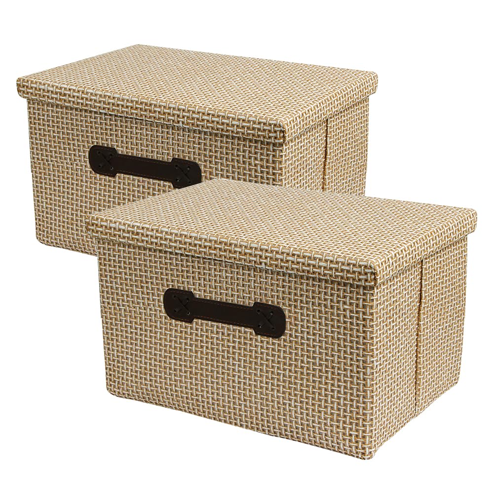HUATK 2 Pack Small Decorative Storage Boxes with Lids Storage Woven Baskets for Shelves, Closet Organization Bins for Office, Bedroom, Closet, Toys (Khaki)