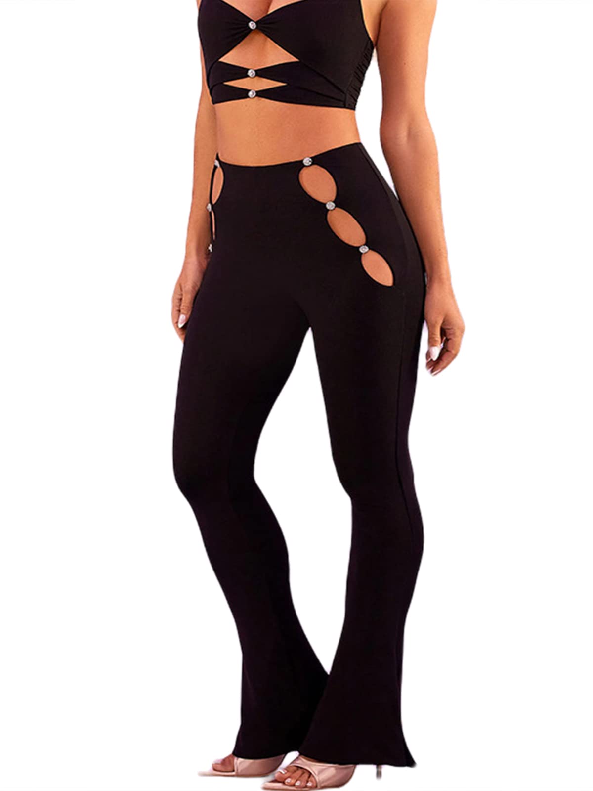Hilinker Women's High Waisted Flare Long Pants Cut Out Bootcut Flare Yoga Pants Black X-Large