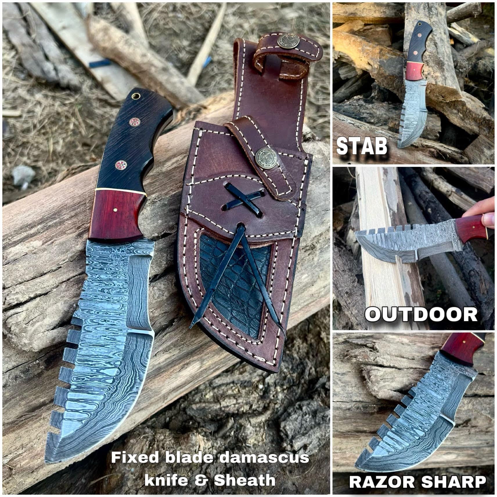 Handmade Tracker Knife Damascus Knife for Hunting Camping - 10 Inch Damascus Steel Hunting Tracker Knife with Horizontal Carry Sheath - Fixed Blade Survival tactical full tang Bushcraft Knife (Wenge & Padauk)