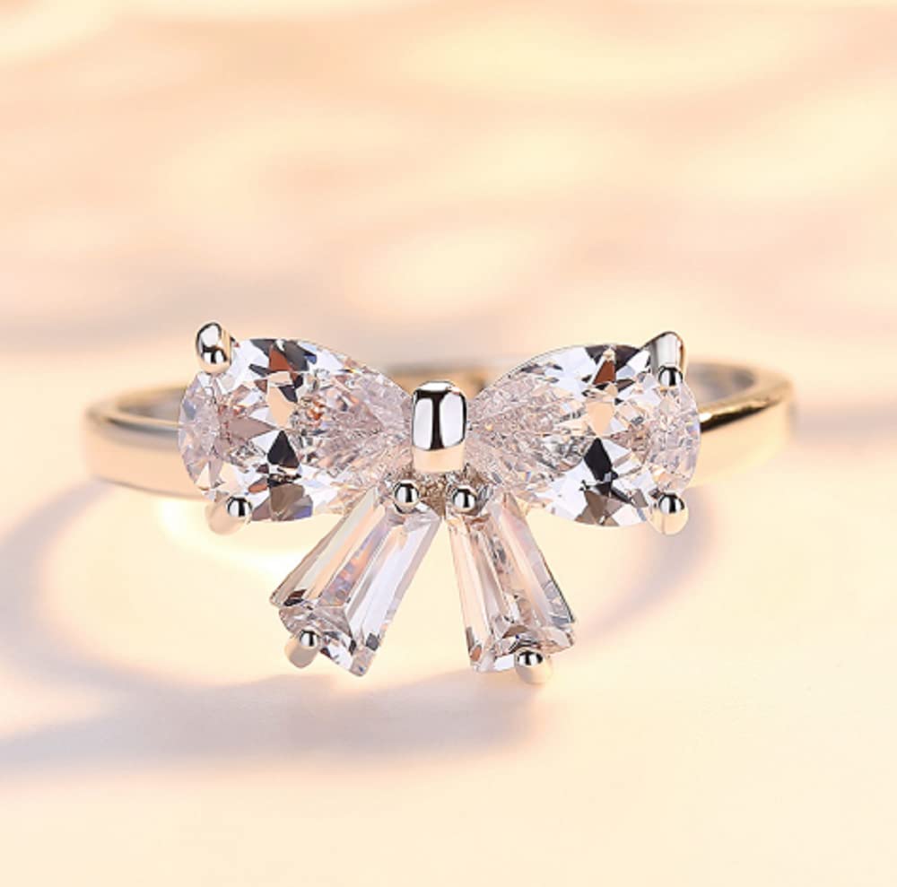 HUKQBUNX 925 Sterling Silver Bow with Diamond Zircon Ring Ring Wedding Engagement Birthday Party Ring Size 6-9 (Size 6)