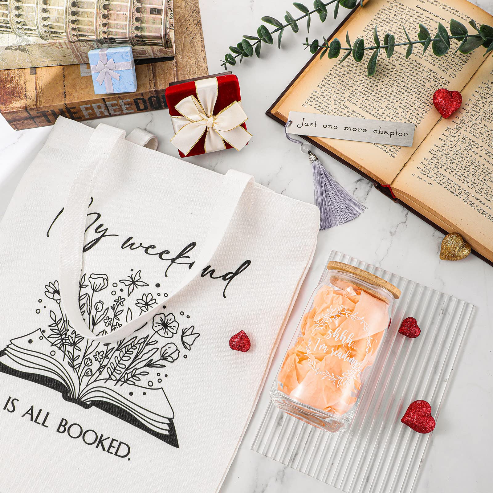 Inbagi Book Lovers Gifts Set Include 16oz Drinking Glass with Bamboo Lid and Straw for Library Tote Bag Stainless Steel Bookmark Gift for Reader Teacher Women(Elegant, 13 x 15 x 4'')