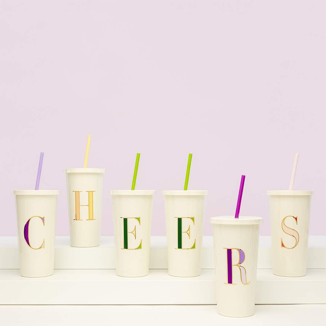 Kate Spade New York Insulated Initial Tumbler with Reusable Straw, 20 Ounce Acrylic Travel Cup with Lid, S (Pink)