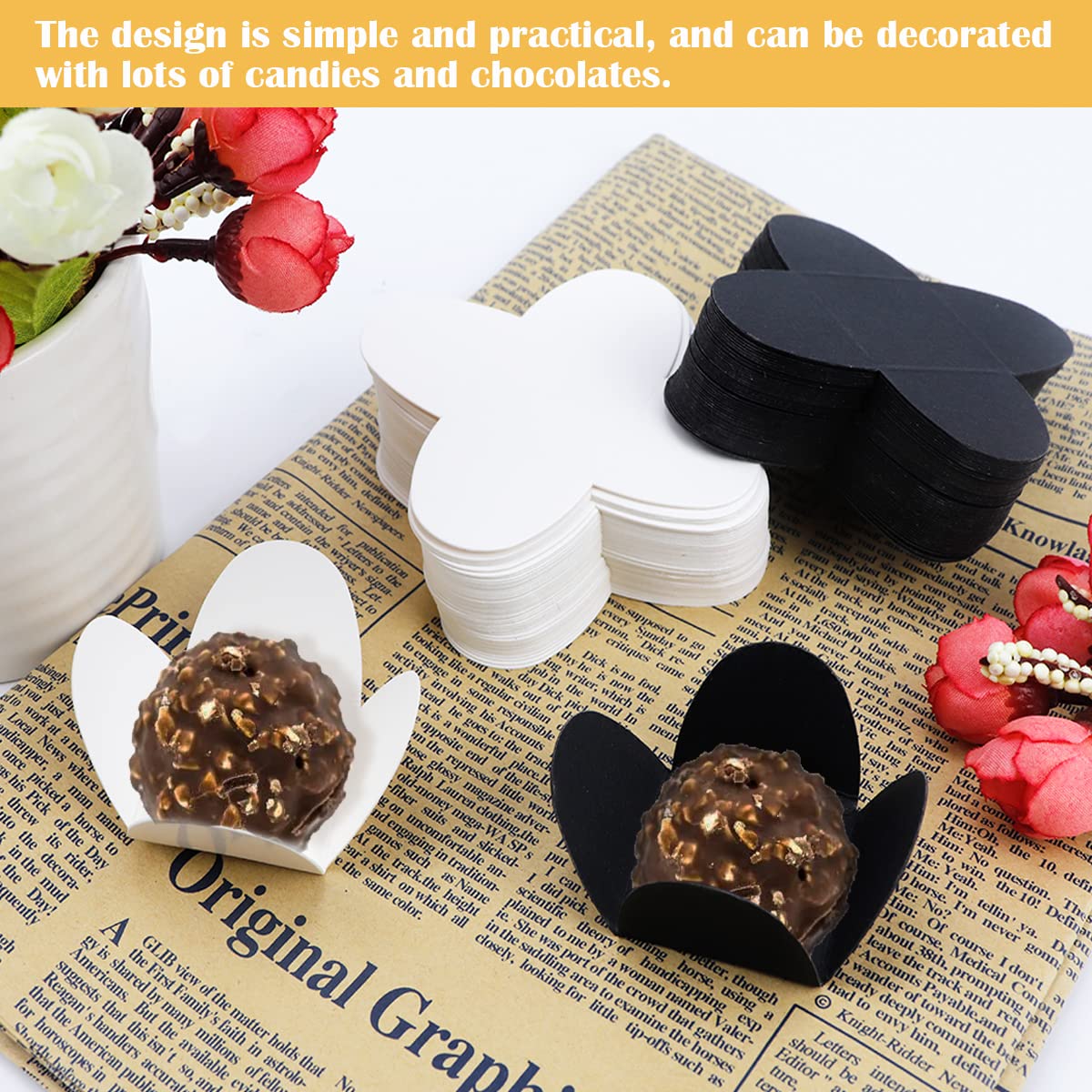 LNQ LUNIQI 200Pcs Truffle Liners Truffle Cups Truffle Wrappers Paper Candy Cups Baking Cups Dessert Cups Cupcake Cups for Bridal Shower Baby Shower Birthday Party Wedding(White&Black)