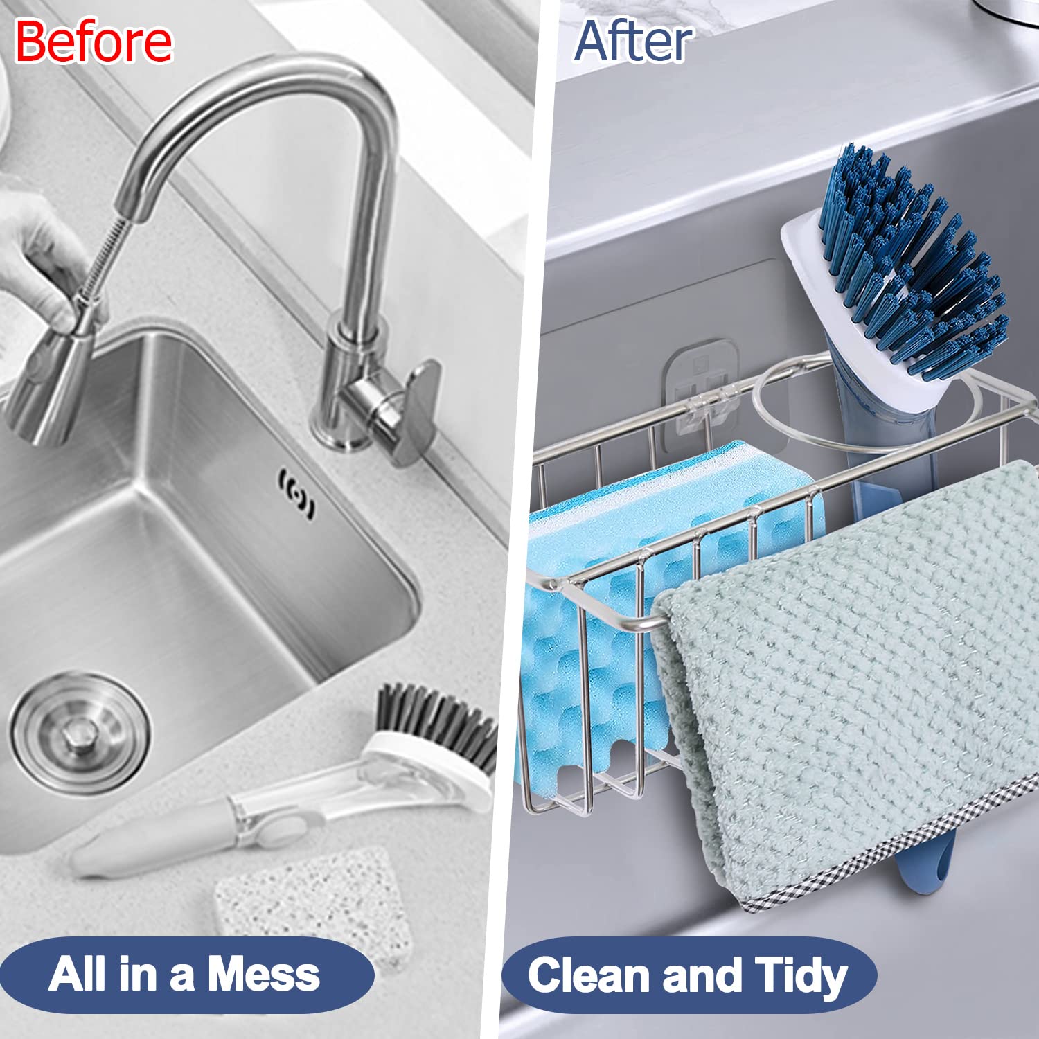 LANIPHIA 3-in-1 Sponge Holder for Kitchen Sink, Stainless Steel Adhesive Sink Caddy, Kitchen Sink Caddy Organizer for Sponge, Brush and Sink Stopper
