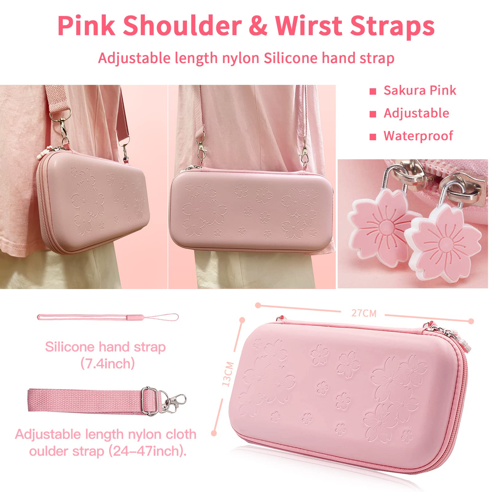 HLRAO Pink Travel Carrying Case Accessories Kit,Sakura Pink Carry Case Compatible with Nintendo Switch OLED.Pink Switch Hard Protective Cover,Adjustable Stand,Screen Protector & Thumb Grips 10 in 1.