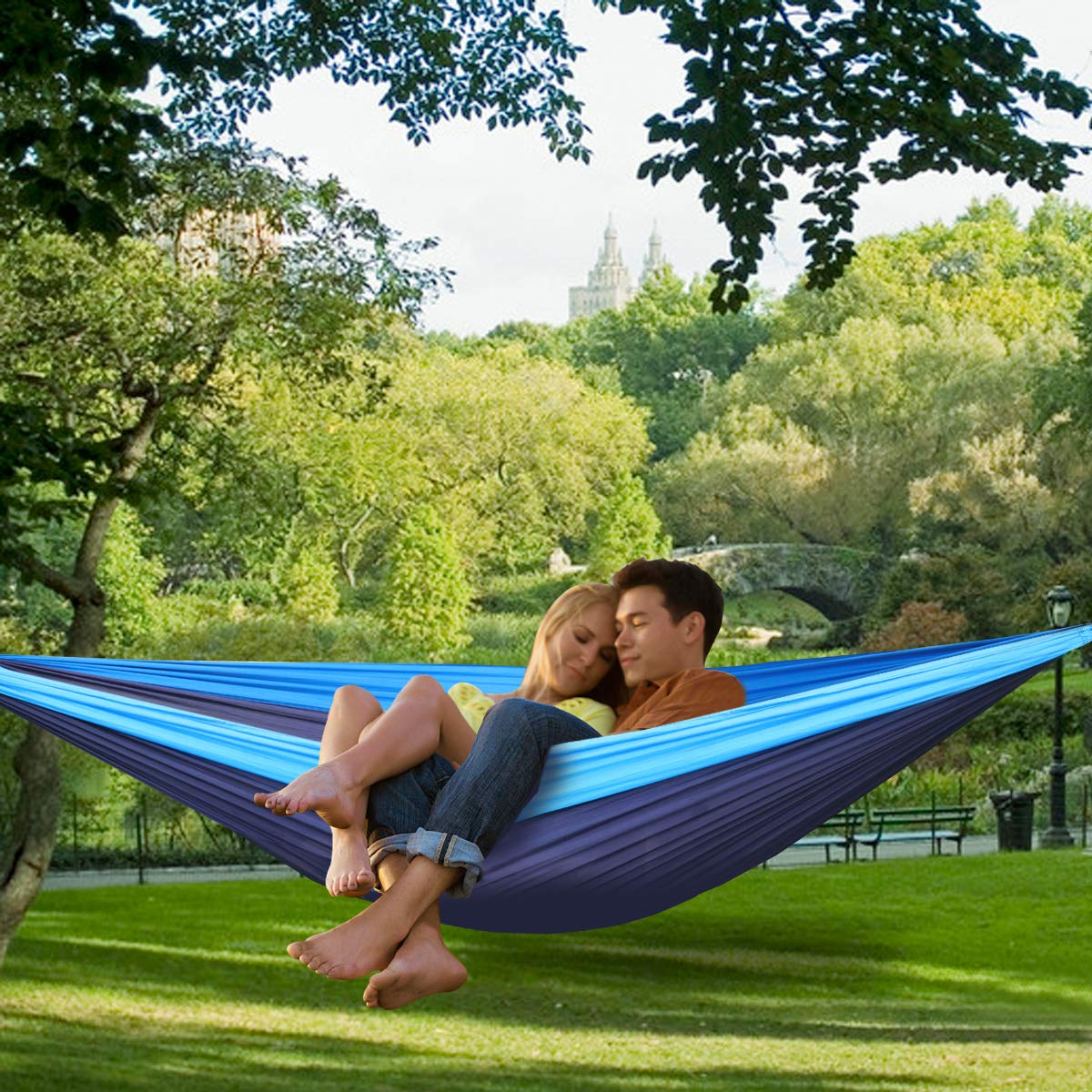 Holarun Camping Hammock Double Portable Hammocks with Lightweight 210T Nylon Parachute, Two Person Hammock Tree Straps for Backpacking, Hiking Gear, Outdoor, Travel, Beach - Navy Blue