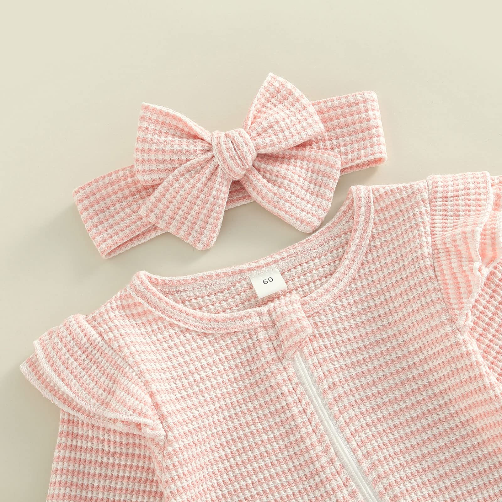 Kuriozud Newborn Baby Girl Striped Sleeper Zipper Footie Romper Ruffle One Piece Outfit Infant Clothes (0-3 Months, Striped Ruffle Pink)