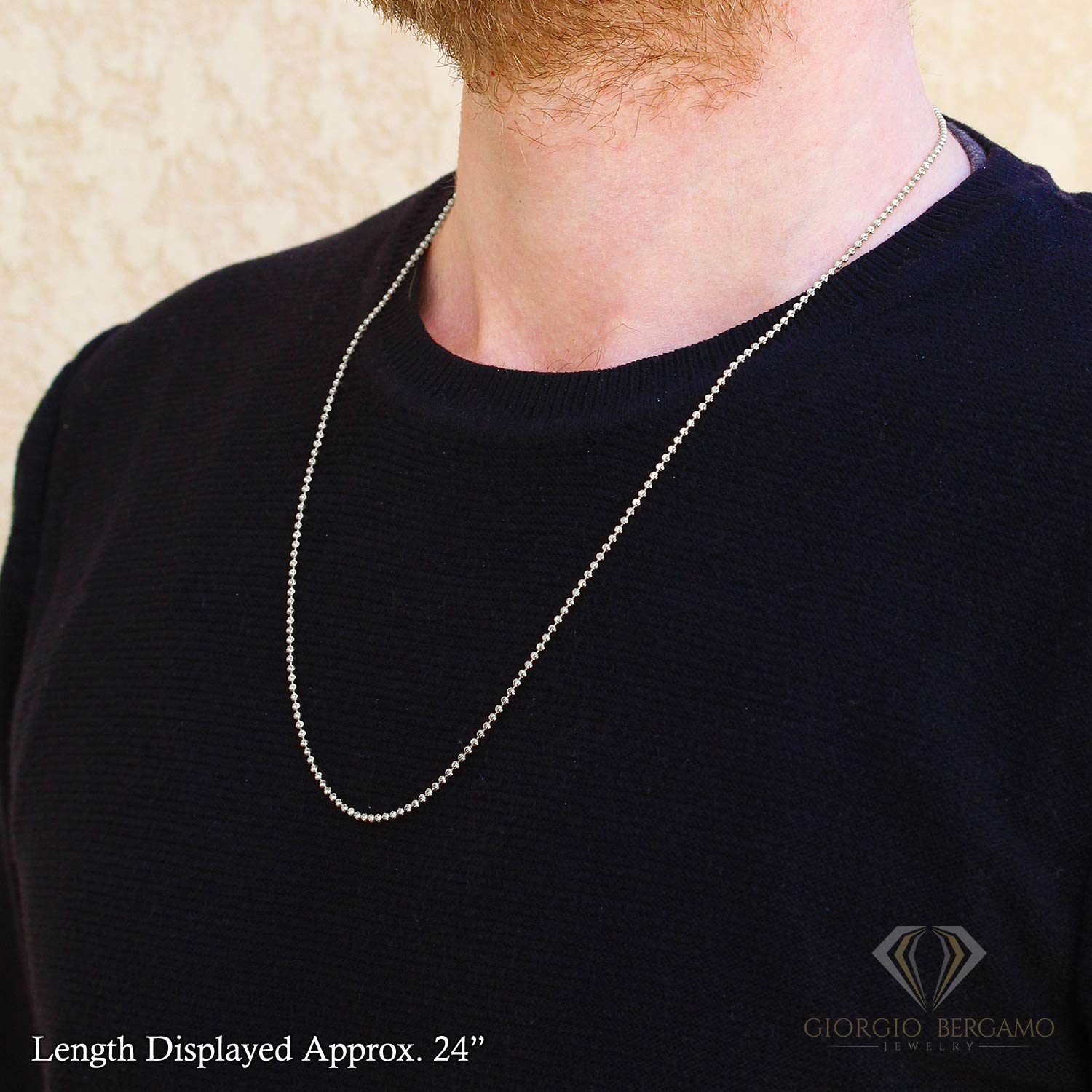 Giorgio Bergamo 925 Italian Sterling Silver 2.5mm Ball Bead Moon Cut Chain, Rhodium Dog Tag Solid Necklace, (24)