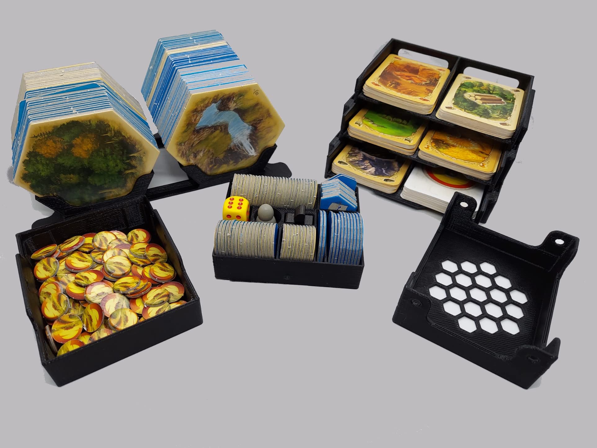 Organizer Insert for Catan Base Game, Seafarers, and Both 5-6 Player Extensions with Player Trays and Card Holder. (Player Trays with Black Organizer)