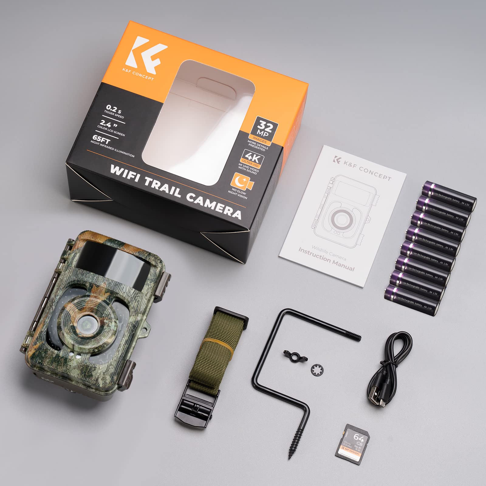 K&F Concept 4K 32MP WiFi Trail Camera, Bluetooth Game Camera with No Glow Night Vision Motion Activated IP66 Waterproof, 0.2s Trigger Time, H.264 HD Video Hunting Camera for Wildlife Monitoring