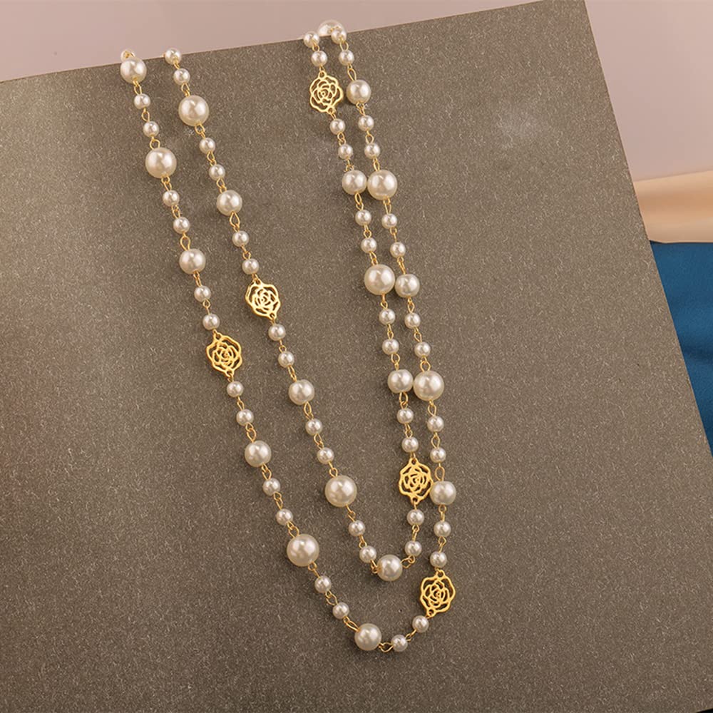 Imitation Pearl Flower Charm Long Strand Necklace for Women (White)