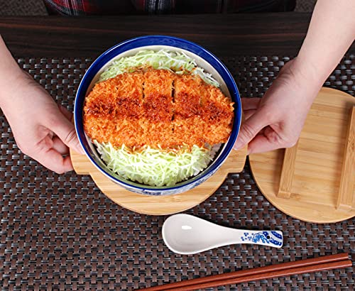 Hinomaru Collection Japanese Kamameshi Style Rice Noodle Bowl with Bamboo Lid Trivet Chopsticks and Porcelain Spoon Bowl Set (Hokusai Wave)
