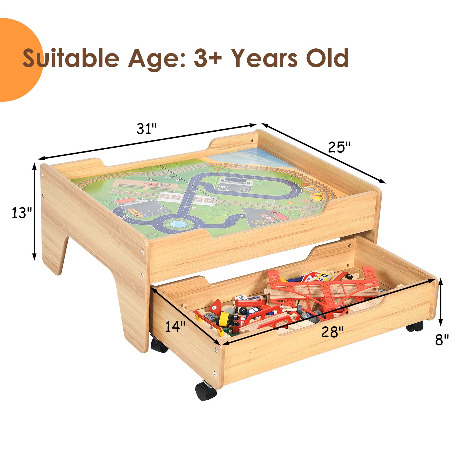 HONEY JOY Train Table, Wooden Kids Activity Table with Storage Drawer, 100 Multicolor Pieces, Tracks, Trains, Cars, Toddler Train Table Set, Gift for Boys Girls Age 3+, Natural