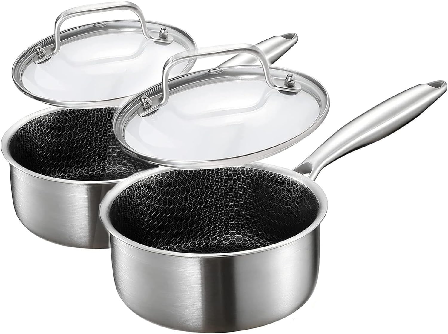 LOLYKITCH 1.5-2.5 QT Hybrid Tri-Ply Stainless Steel Saucepan Set with lids,Sauce Pots,Induction Pots and Pans Set,Anti-Scratch,Dishwasher and Oven Safe.