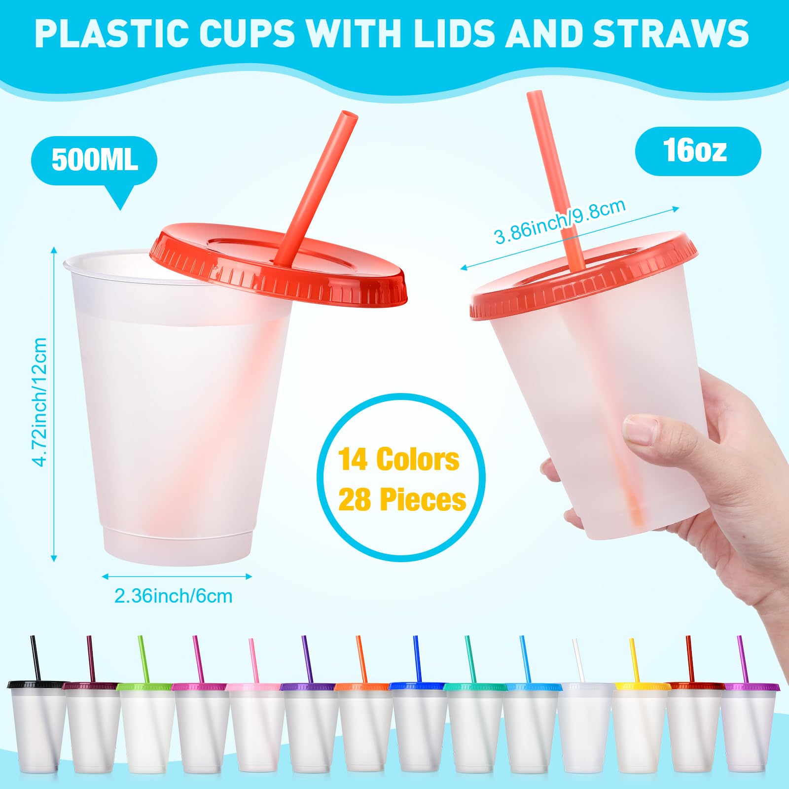 Hsei Clear Plastic Tumbler with Straw and Lid Bulk Water Bottle Iced Coffee Travel Mug Cup with Lid and Straw Reusable Plastic Cups for Kids Christmas Water Smoothie Party Birthday (28 Pack,16 oz)
