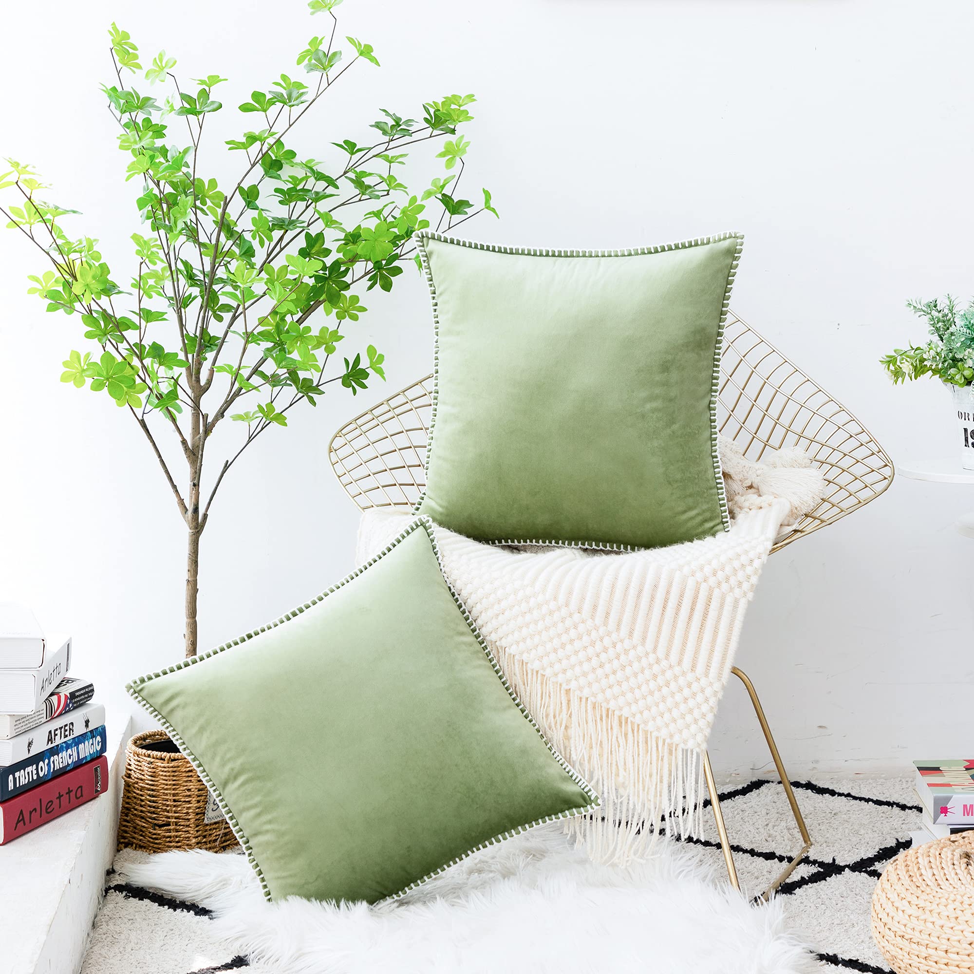 GAWAMAY 16x16 Fall Pillow Covers,Pack of 2 Decorative Cushion Pillow Cases with Chenille Edge Soft Boho Decor Aesthetic Pillows for Living Room Sofa Couch Beding Green Velvet Euro Pillow (40x40cm)