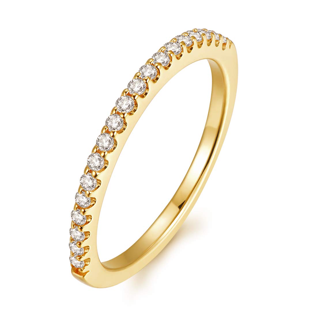 HAFEEZ CENTER 1.5mm Yellow Gold Plated Petite Half Eternity Moissanite Wedding Band Rings for Women (7.5)
