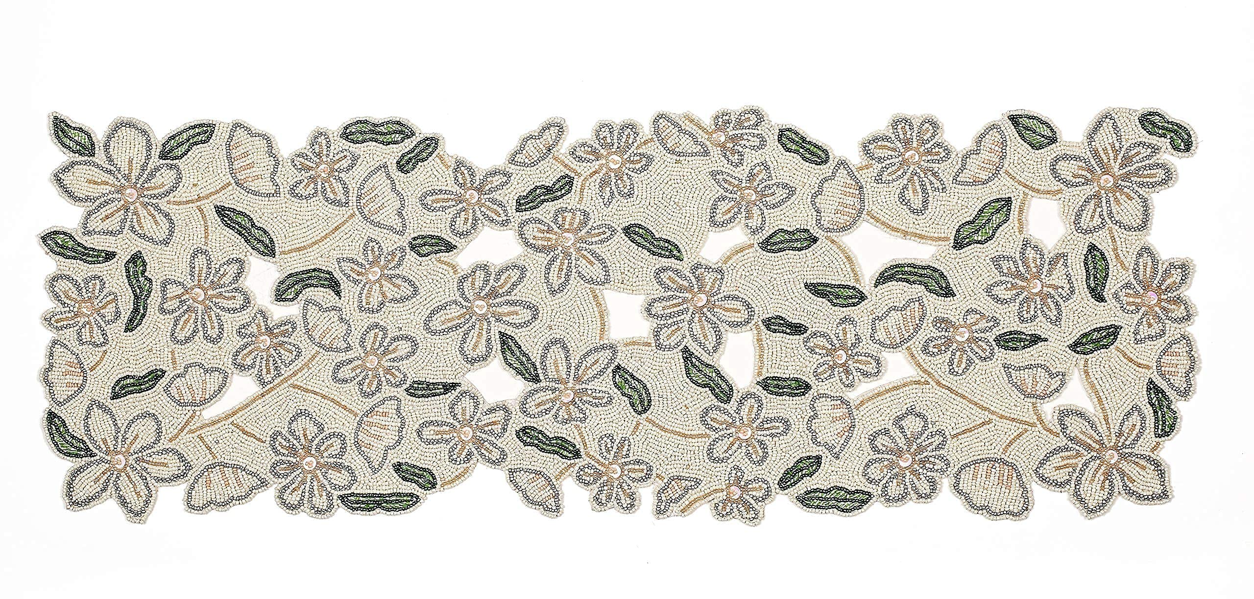 Handmade Fancy Scrolled Embroidery Beaded Table Runner for Tabletop and Kitchen - Home Decor Mat for Wedding Party Baby Shower Holiday Family Gathering - White/Green/Charcoal