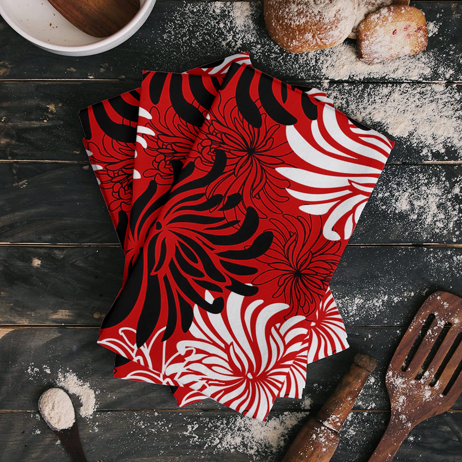 Kitchen Towels Set Black White Chrysanthemums Tea Towel Microfiber Absorbent Washable Flower Petals Red 2 Pack 18x28 Inches Absorbent Soft Cotton Dish Cloths Bar Towels & Tea Towels