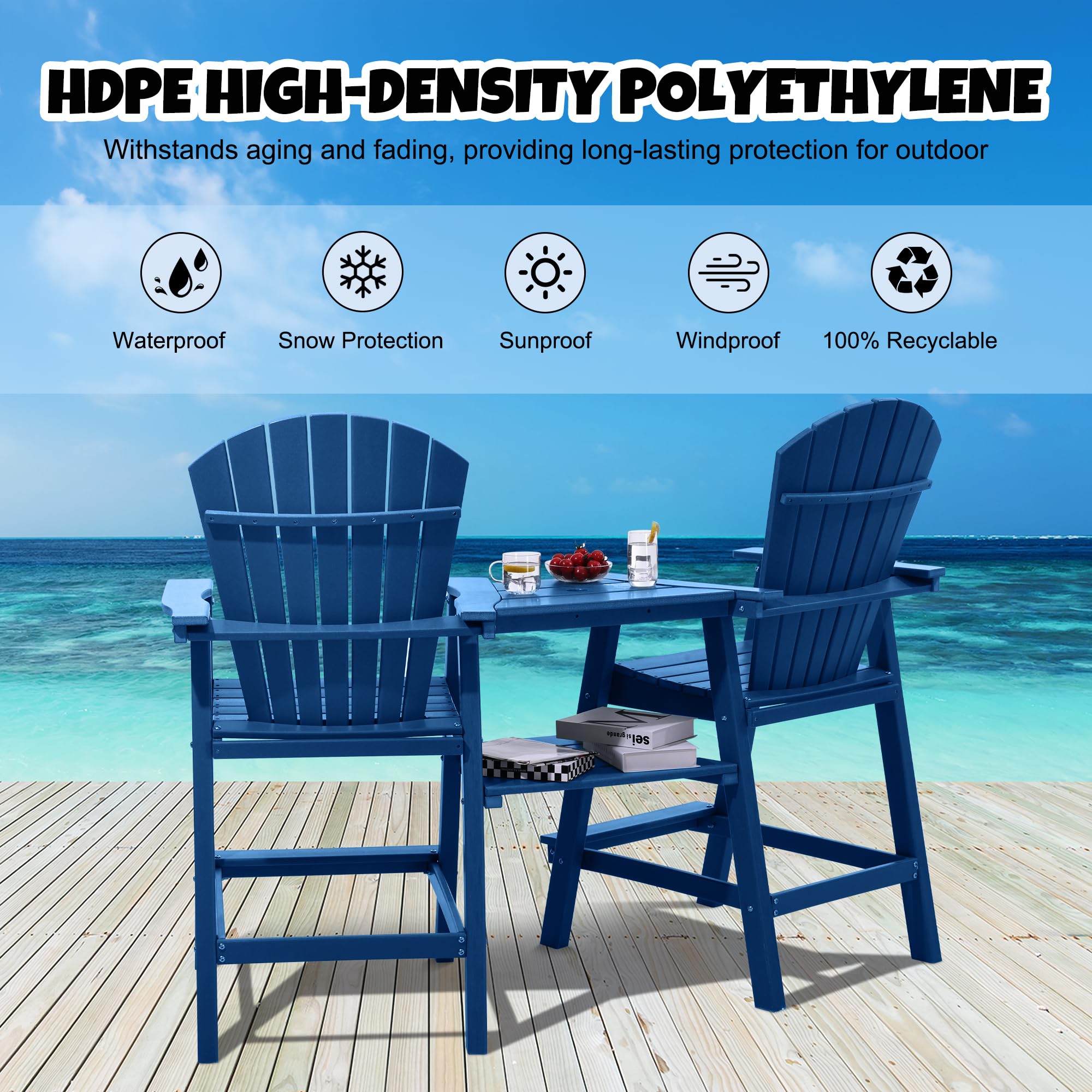 NCGVKS Tall Adirondack Chair Set of 2,HDPE Balcony Chair with Double Connecting Tray,Adirondack Bar Stools Weather Resistant Poly Deck Chairs for Patio Backyard Poolside 360LBS Capacity Blue