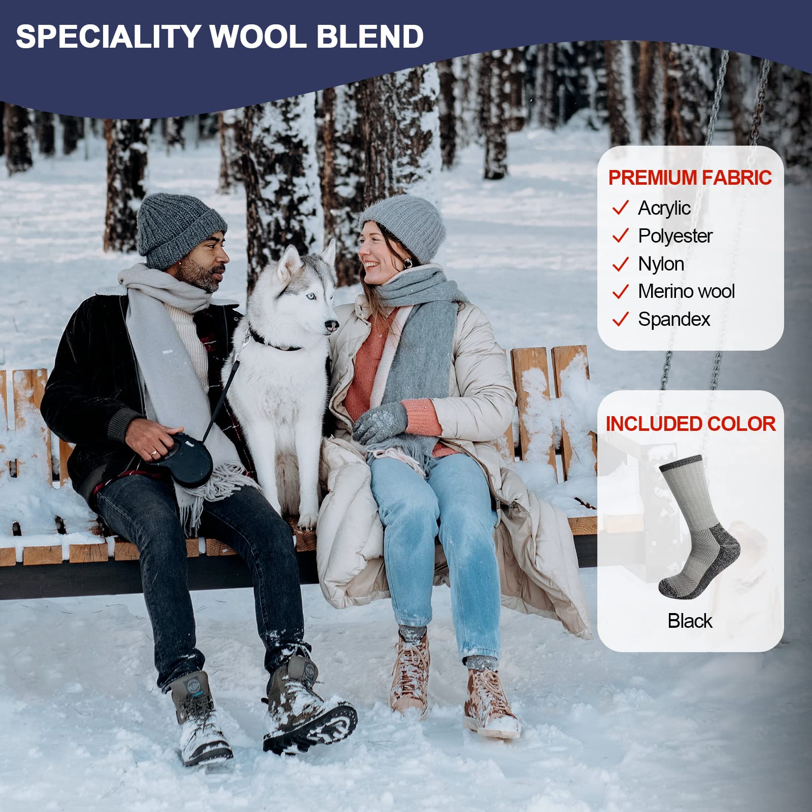 Jaryco Merino Wool Socks for Men & Women Thermal Warm Winter Boot Hiking Socks 3 Pair Black, M