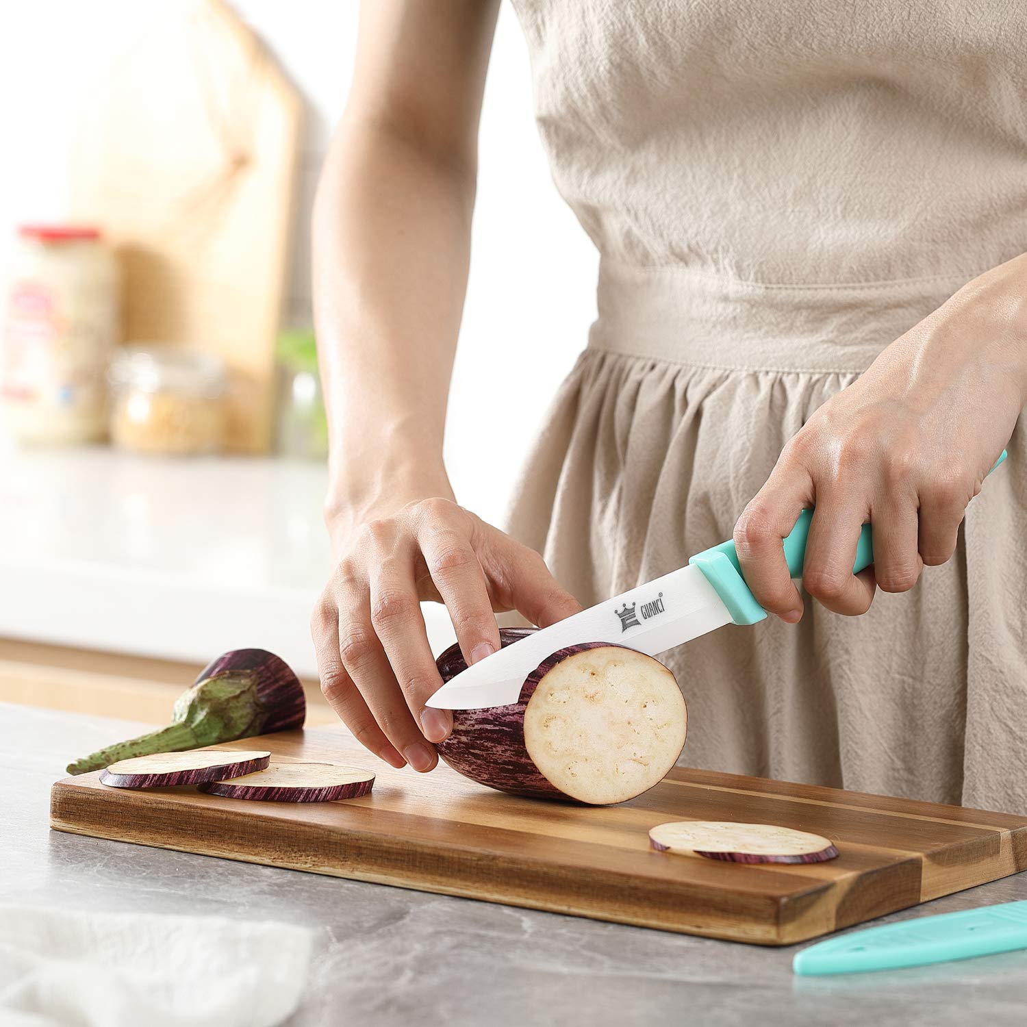 GUANCI Ceramic Chef's Knife&Paring Knife Set,3/5 inches Ceramic Blade with protective Sheath,Vegetarian Knife