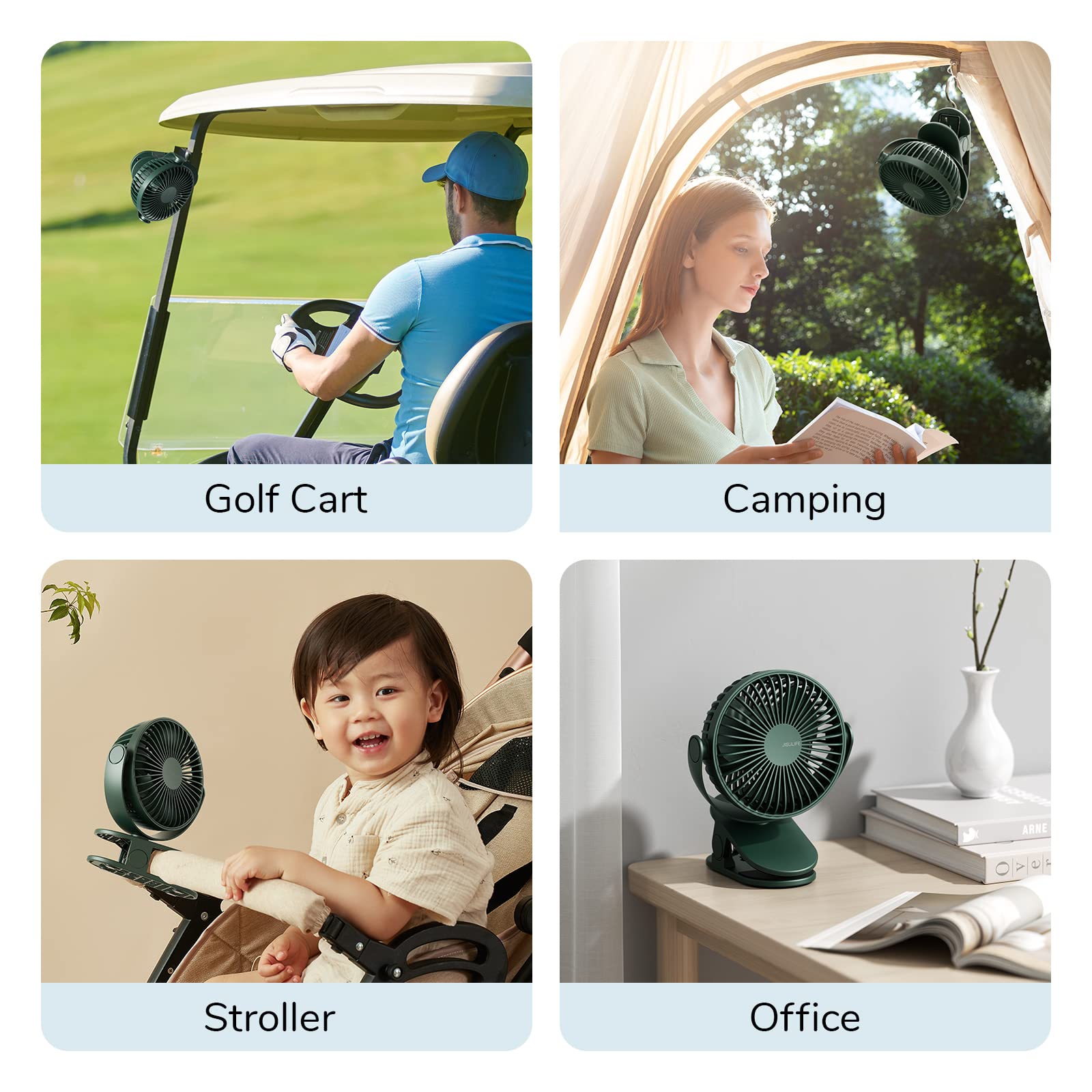 JISULIFE Clip on Desk Fan, Small USB Plug in Fan, 4 Speed Modes, Personal Cooling Table Fan with Strong Wind, Ultra Quiet, Sturdy Clamp Mini Fan for Office Home Dorm Bedroom- Green