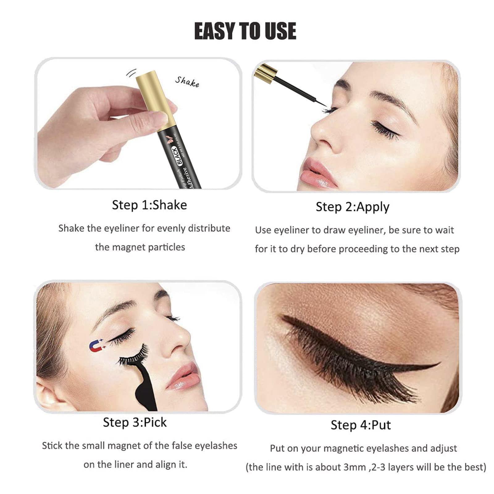 HSKIE 3 Tubes Magnetic Eyeliner for Magnetic Eyelashes Magnetic Eyelashes Glue Gold Pack03