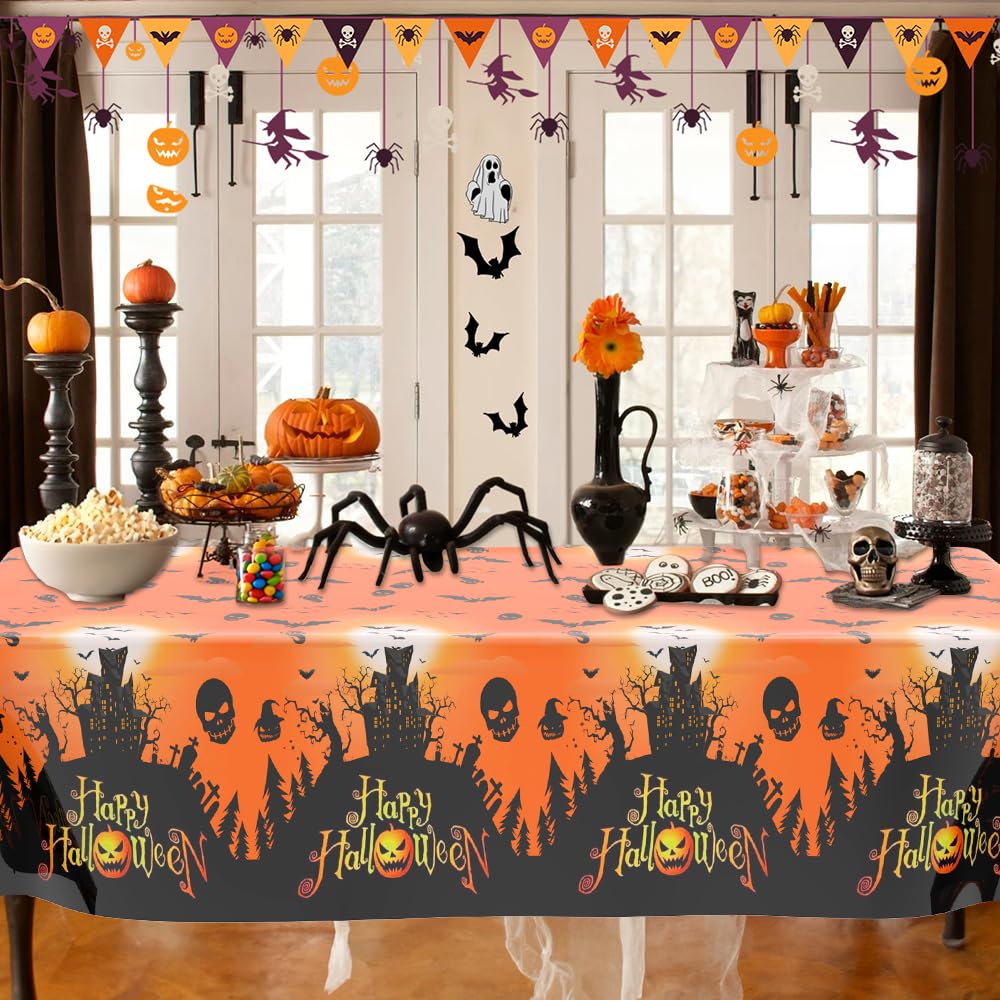 Halloween Tablecloth, 54" x 108" Halloween Tablecloth Rectangle, 2PCS Disposable Plastic Halloween Table Cover Table Cloth Halloween Table Decorations for Halloween Party Supplies Home Decor