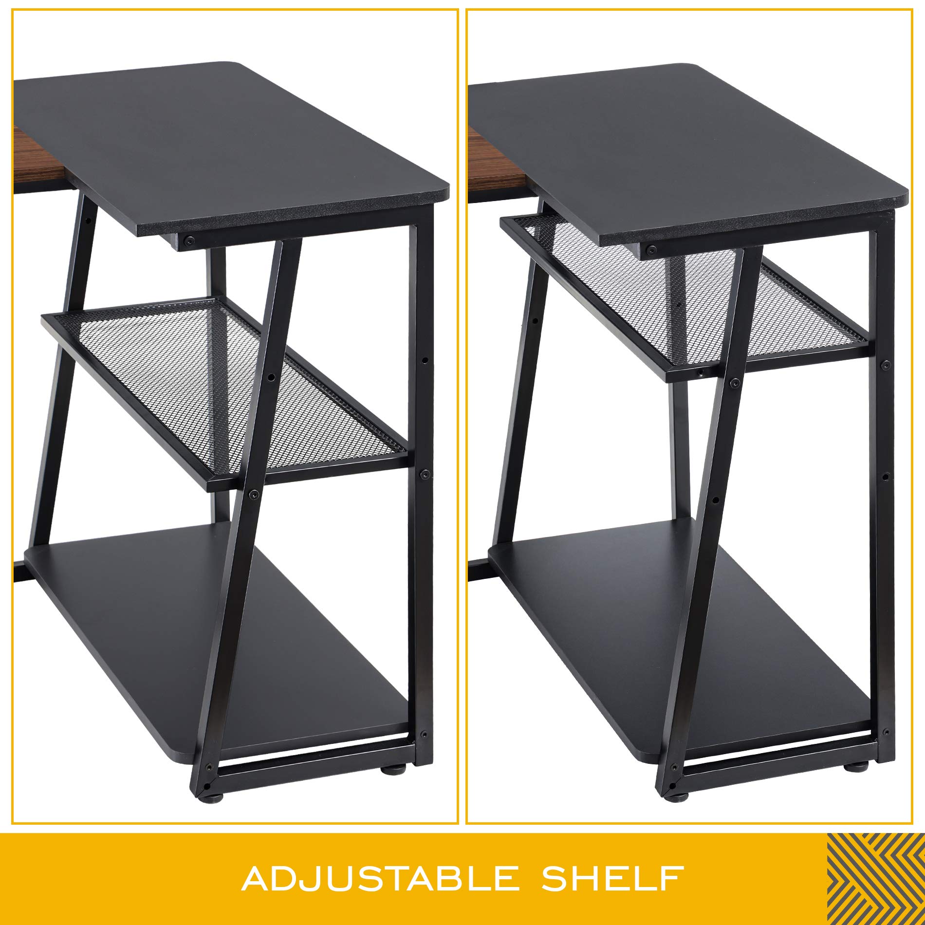 HOMOOI Small L-Shaped Desk with Storage Shelves, 47.2 Reversible Corner Writing Table for Home Office, Rustic Brown and Black