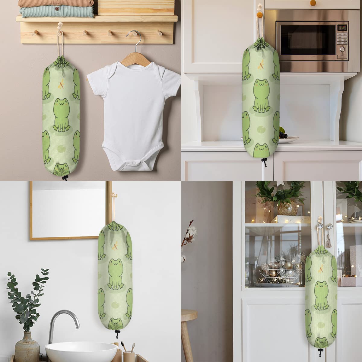 Kawaii Frog Plastic Bag Holder Wall Mount Grocery Bag Holder Reusable Trash Bag Organizer Washable Large Grocery Bag Storage Dispenser for Kitchen Pantry