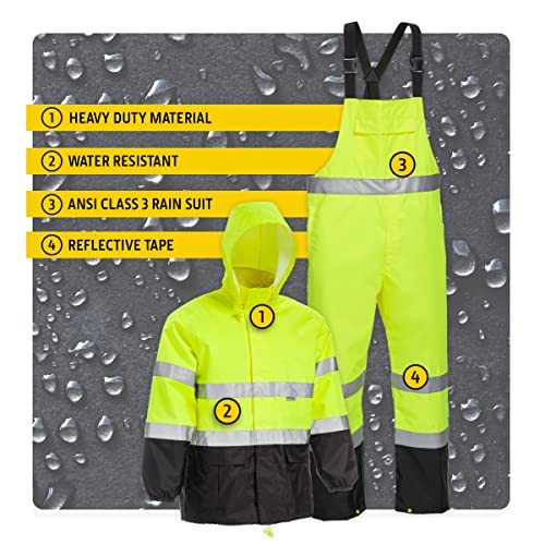 John Deere Unisex High Visability ANSI Class III Rain Suit Jacket and Bib with Color Block, High Visability, Water Resistant, and Reflective 3M Tape, Yellow, Black, X-Large (JD44530/XL)