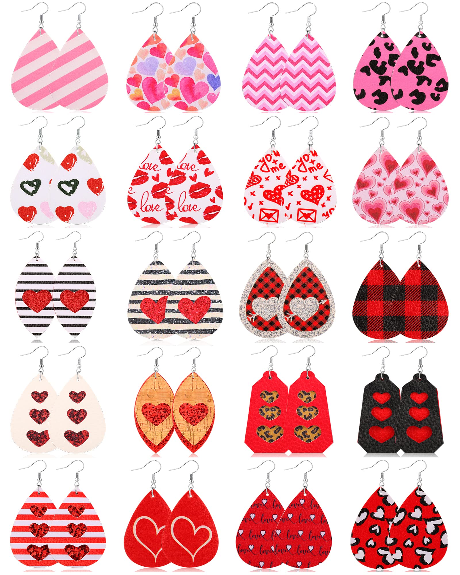 Honsny 20 Pairs Valentine's Day Faux Leather Earrings Set for Women Lightweight Teardrop Dangle Earrings Heart Stiped Water Drop Earrings
