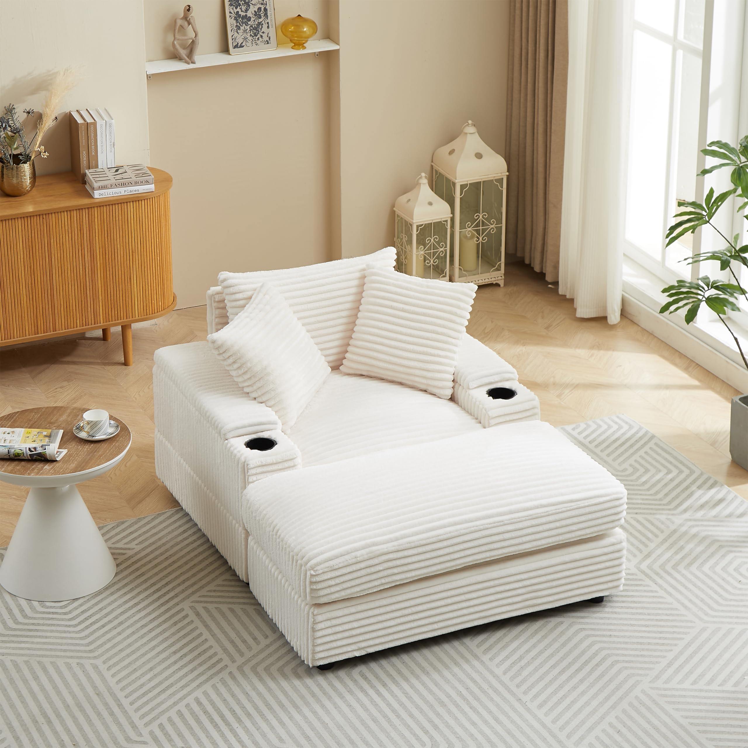 NDPQN 43.3" Corduroy Single Sofa with a Back Pillow, 2 toss Pillows, a Qttoman, 2 storage Spaces & Cup-holding Grooves Comfy Sofa-Deep Seat Couch for Living Room (Beige)
