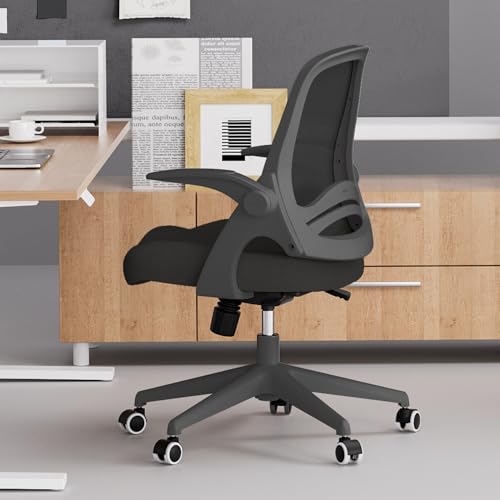 Hbada Office Chair, Desk Chair with Flip-Up Armrests and Saddle Cushion, Ergonomic Office Chair with S-Shaped Backrest, Swivel, Mesh, for Home and Office, Black
