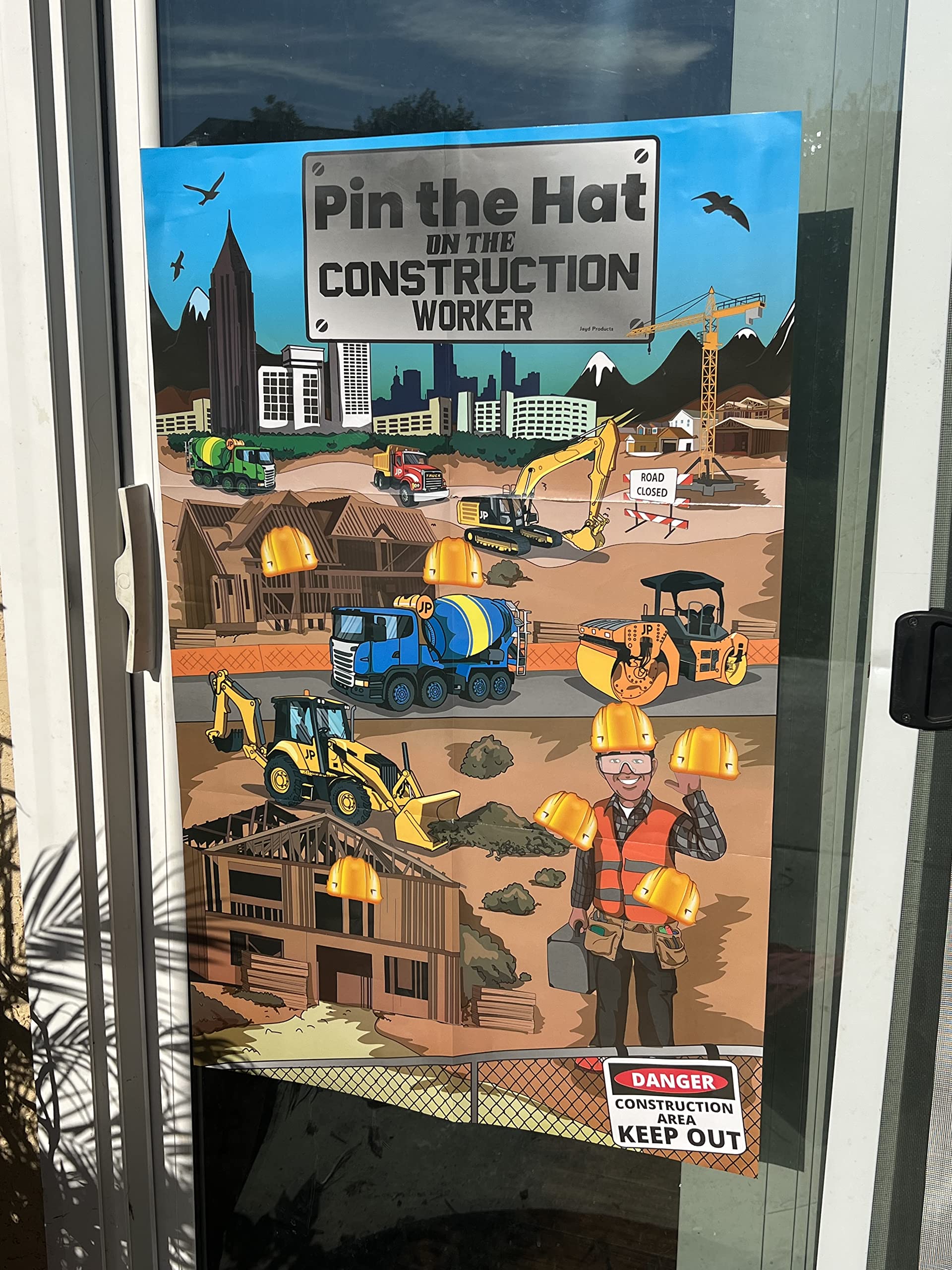 Jayd Products, Pin the Hat on the Construction Worker, Kids Construction Party Game 37 X 24 inches, Construction Birthday Party Supplies (40 Players)