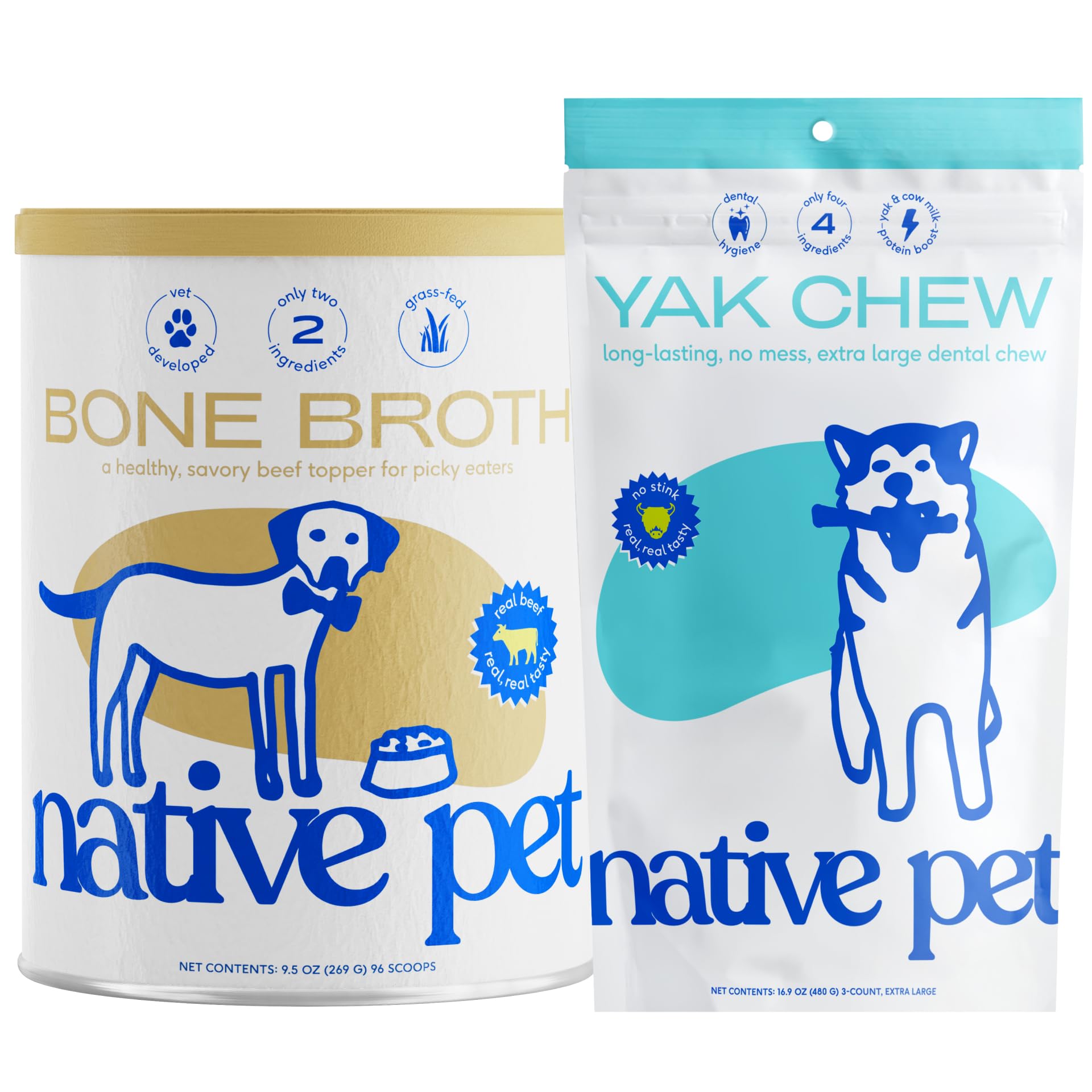 Native Pet Beef Bone Broth for Dogs (9.5 oz) & Yak Chews for Dogs (3 XL Chews)