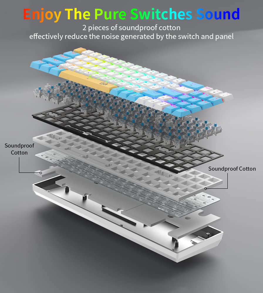 HUO JI K688 Compact Mechanical Gaming Keyboard with Number Pad, Programmable True RGB Backlit, Hot Swappable Blue Switches, Pro Driver/Software Supported, for PC/Computer/Laptop, White and Blue