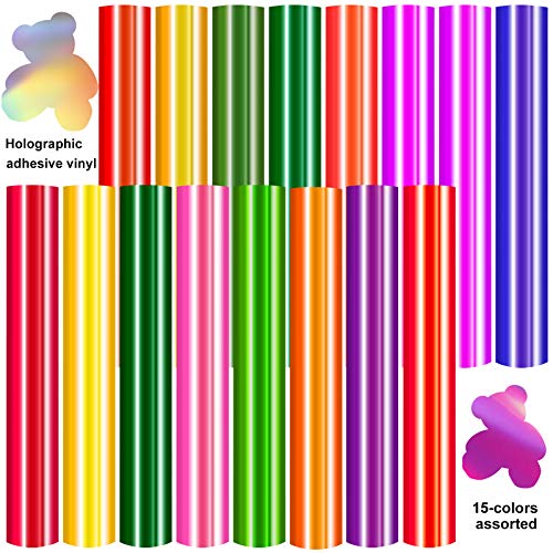 Holographic Vinyl Permanent Adhesive, 15 Sheets 12 x 10 inchs Opal Craft Adhesive Vinyl Sheets with 8 Sheets Transfer Paper 2 Weeding Tools for Home Decor, Logo, Letters,Car Exteriors,Glass Mirrors