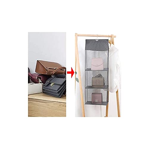Hanging Handbag Purse Organizer, 3 Grids Pockets Foldable Hanging Bag, Space-Saving Storage Bag System, Suitable for Living Room Bedroom Family use (Gray)