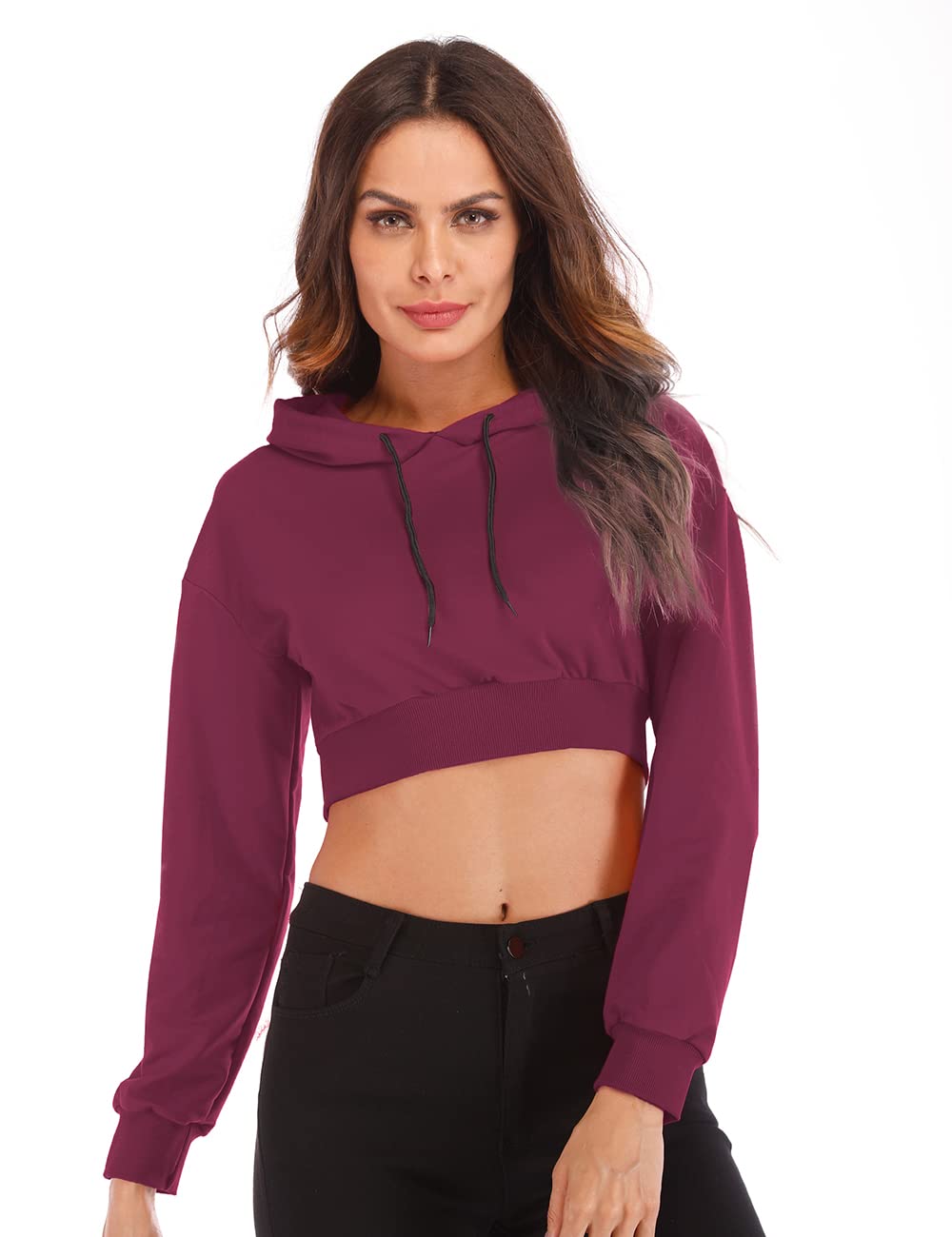 HIOINIEIY Women's Long Sleeve Pullover Crop Top Hoodie Workout Casual Cute Cropped Sweatshirt Dark Purple M