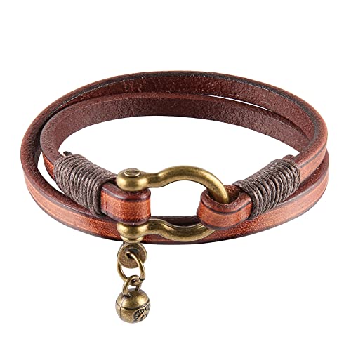 HZMAN 7.5 Inch Handmade Leather Cuff Bracelet for Women Steampunk Style Double Wrap Leather Wristband with Small Bells
