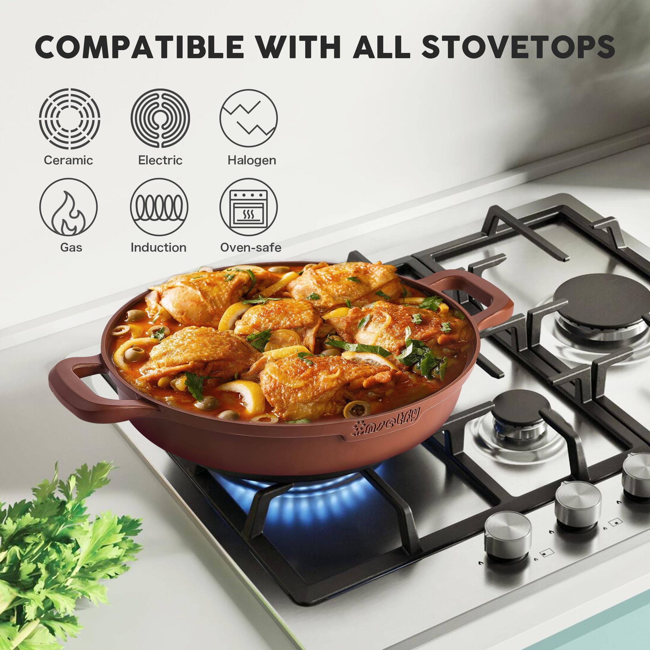 Non-Stick Frying Pan/Skillet 11", 3QT Tagine Pan, Aluminum Pans with Lid, Stove/Oven-to-Table Cookware, Dishwasher Safe& Compatible with All Stovetops(Terracotta)