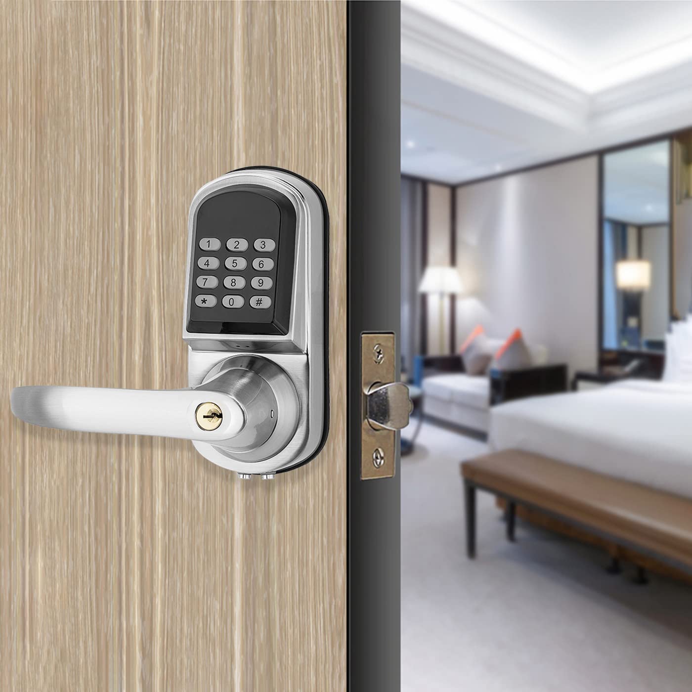Keypad Door Lock with Left Handle, Auto-Lock Door Locks with Keypads & FOB Cards, Keyless Entry Door Lock with Handle,Electronic Door Lock, Digital Door Lock for Front Door