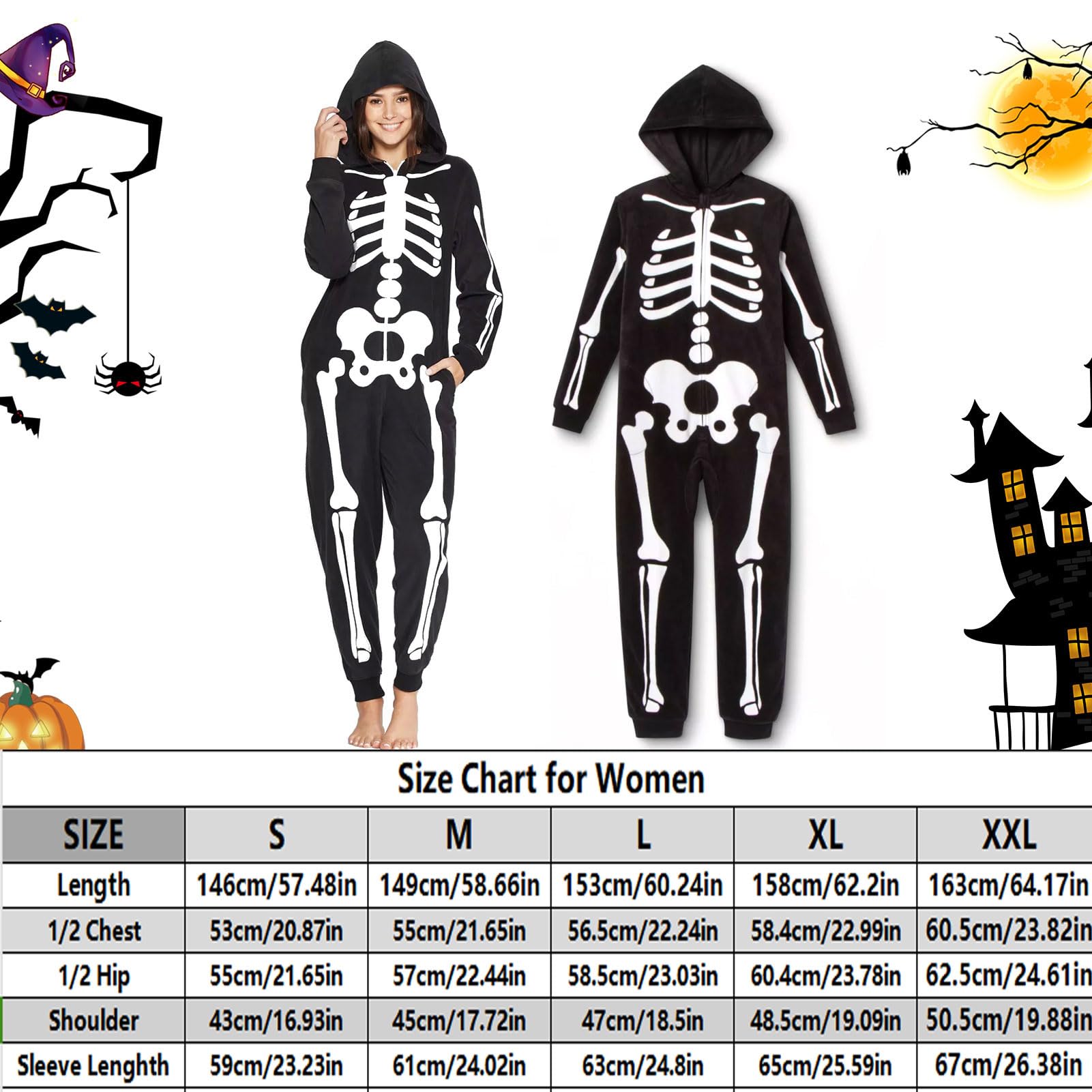 Halloween Matching Family Sets Womens Glowing Skeleton Costumes Hooded Jumpsuit for Ladies Small