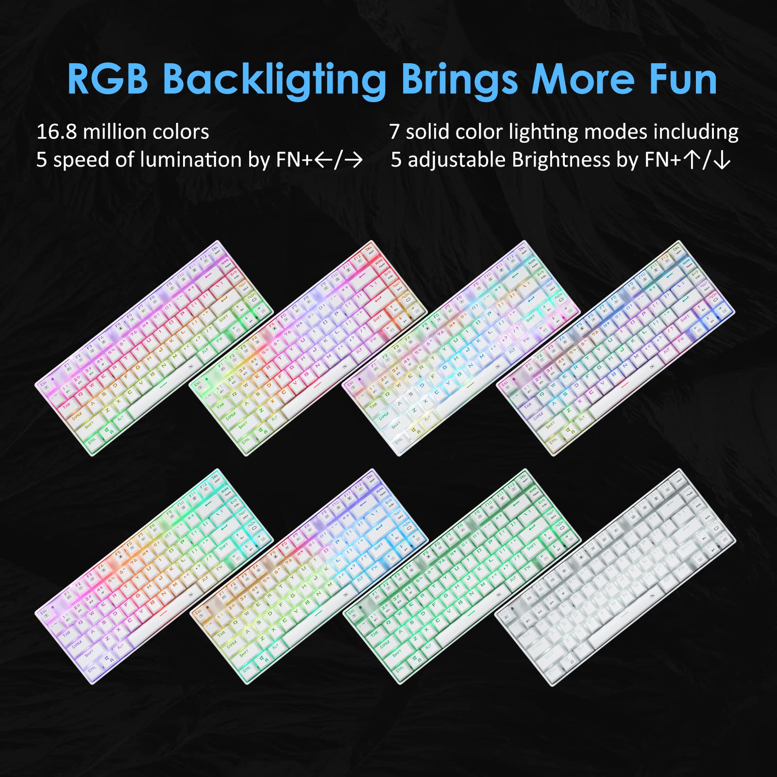 HUO JI Wireless RGB Mechanical Keyboard,Bluetooth/2.4Ghz/Wired Z-88 Gaming Keyboard with Clicky Blue Switches RGB LED Backlit 81 Keys Compact for Mac, PC, White