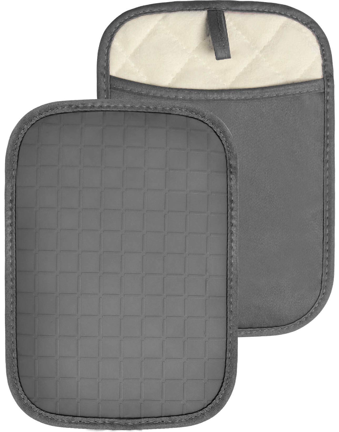 HOMWE Silicone Kitchen Pot Holders with Pockets, 2 Pc Set Trivet, Steam and Heat Resistant Hand and Countertop Protection Hot Pads, Non-Slip Grip potholders, Terrycloth Interior Lining, Gray