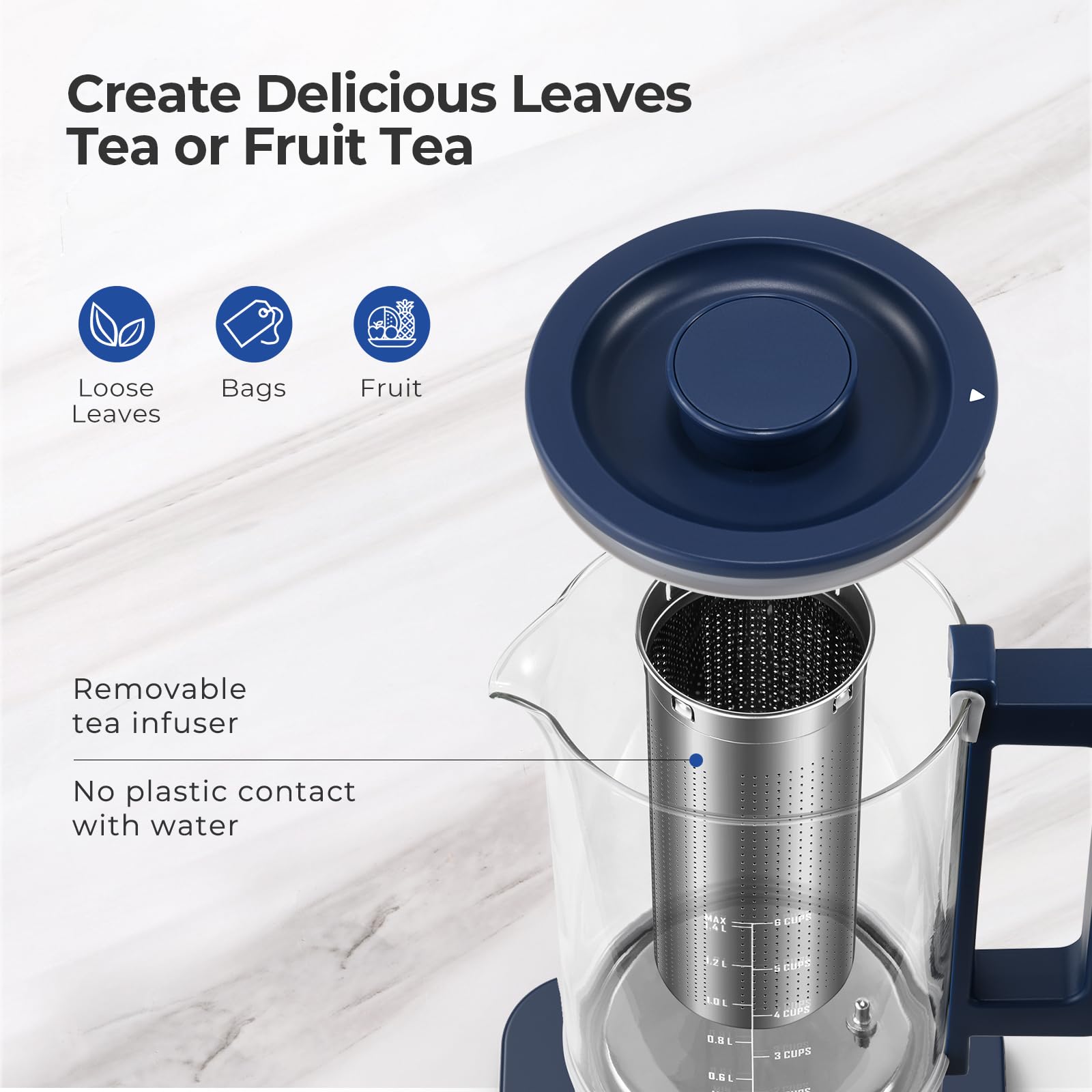 Northmas Electric Tea Kettle,Glass Kettle Electric Temperature Control with Infuser, Auto Shut-Off, Rapid Boiling 1200W, Boil-Dry Protection, Keep Warming 6 Hours, Wide Opening Easy Clean, 1.4L, Blue