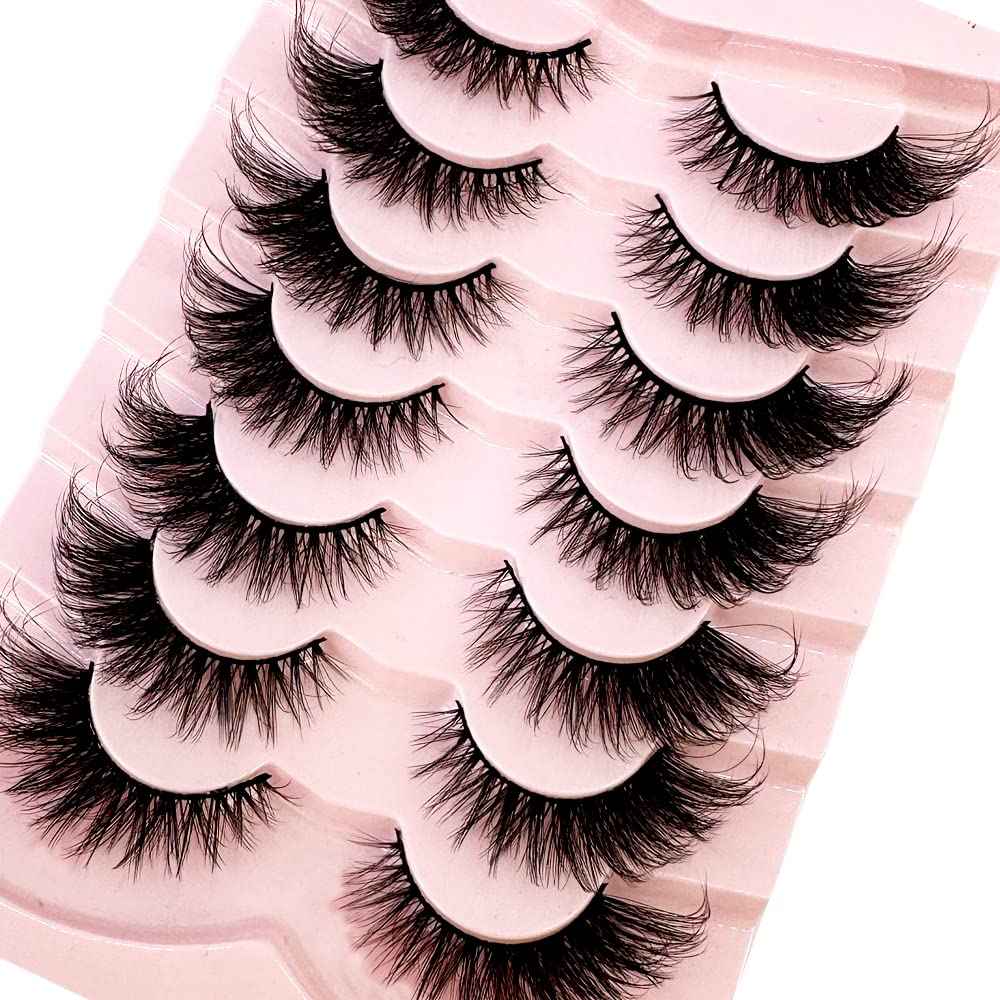 HBZGTLAD 7Pairs Segmented Half Lashes manga Lashes 3D Clear Band Lashes Natural Look Wispy Mink Lashes Fluffy Cat Eye Lashes Pack Fake Eyelashes (7pairs-A)